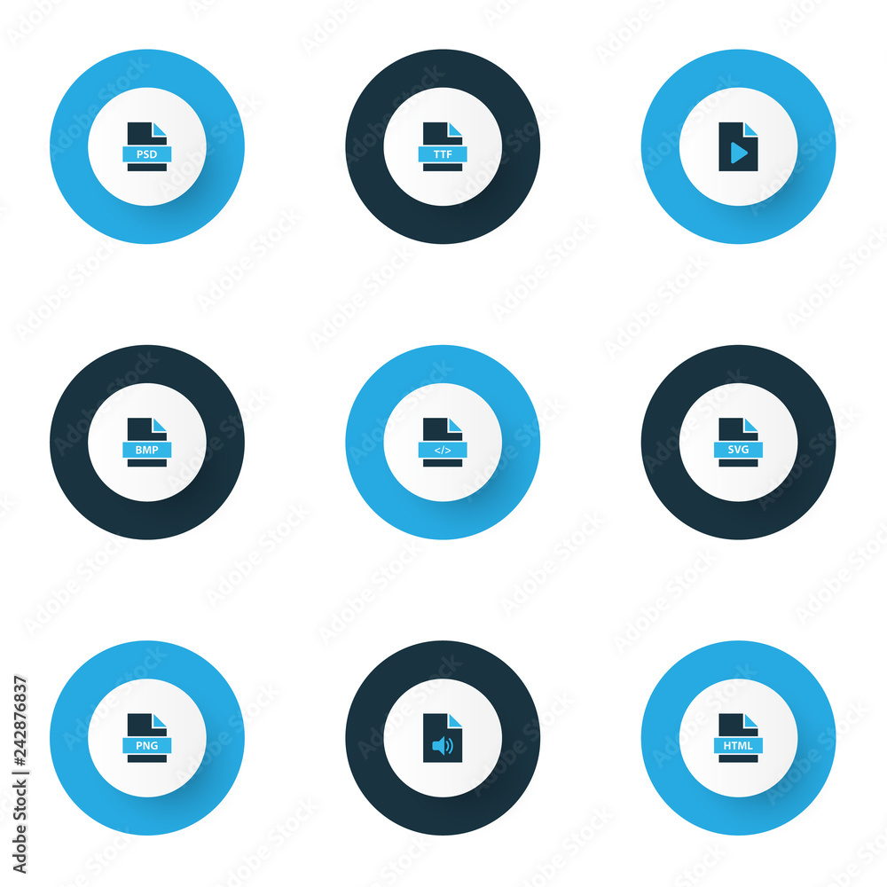 Types icons colored set with file bmp, file code, file video and other ...