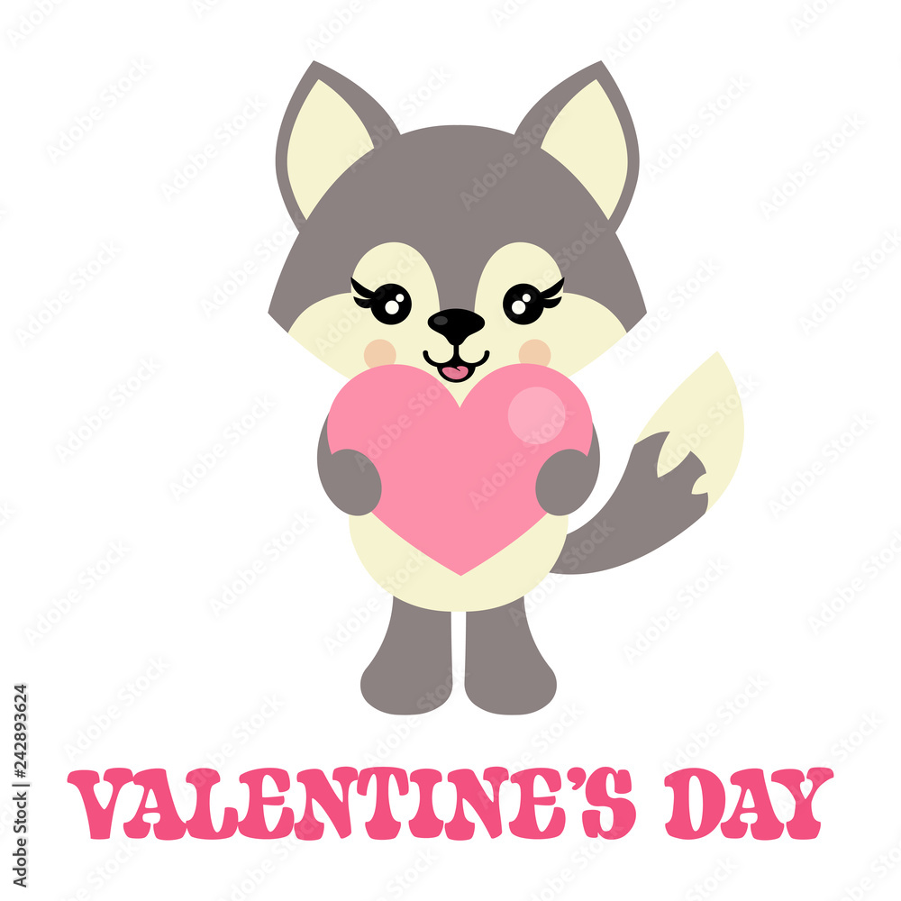 cartoon cute wolf with heart vector and valentines text Stock Vector ...