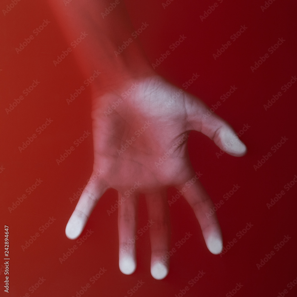 woman palm in red blood water, female hand, cover for art in horror ...