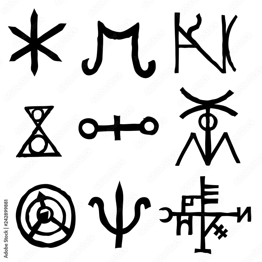 Set of written symbols and letters inspired by magical inscriptions and ...