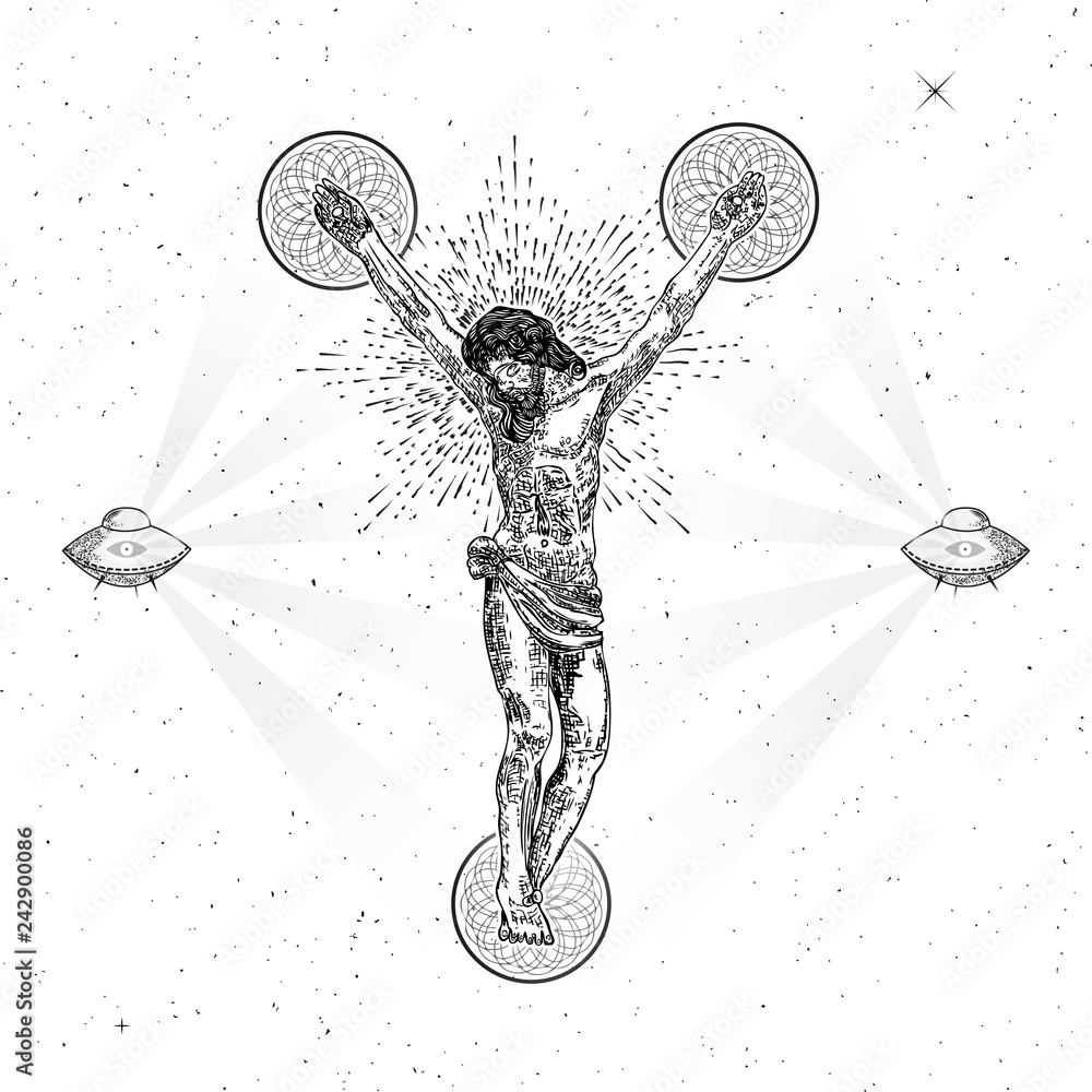 Jesus crucifixion on the sacred geometric cross, son of God, with alien ...