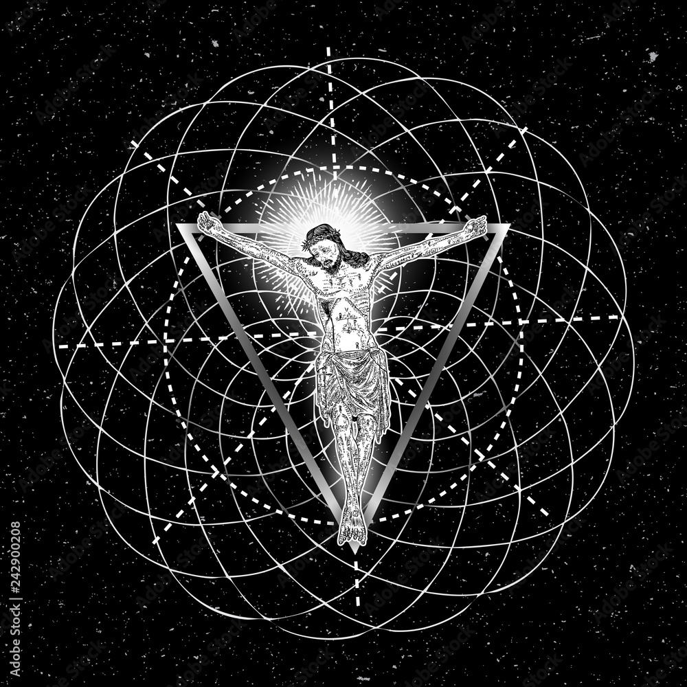 Vetor de Jesus Christ crucifixion in the starry sky space tattoo ...