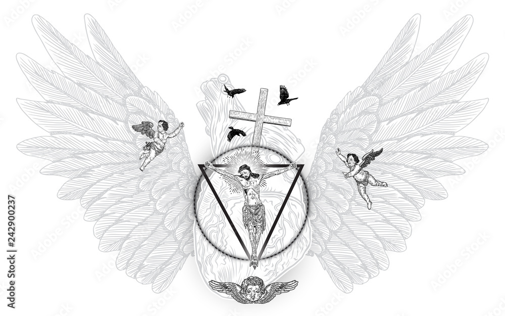 Jesus Christ crucified on sacred geometry triangle with sacred heart ...