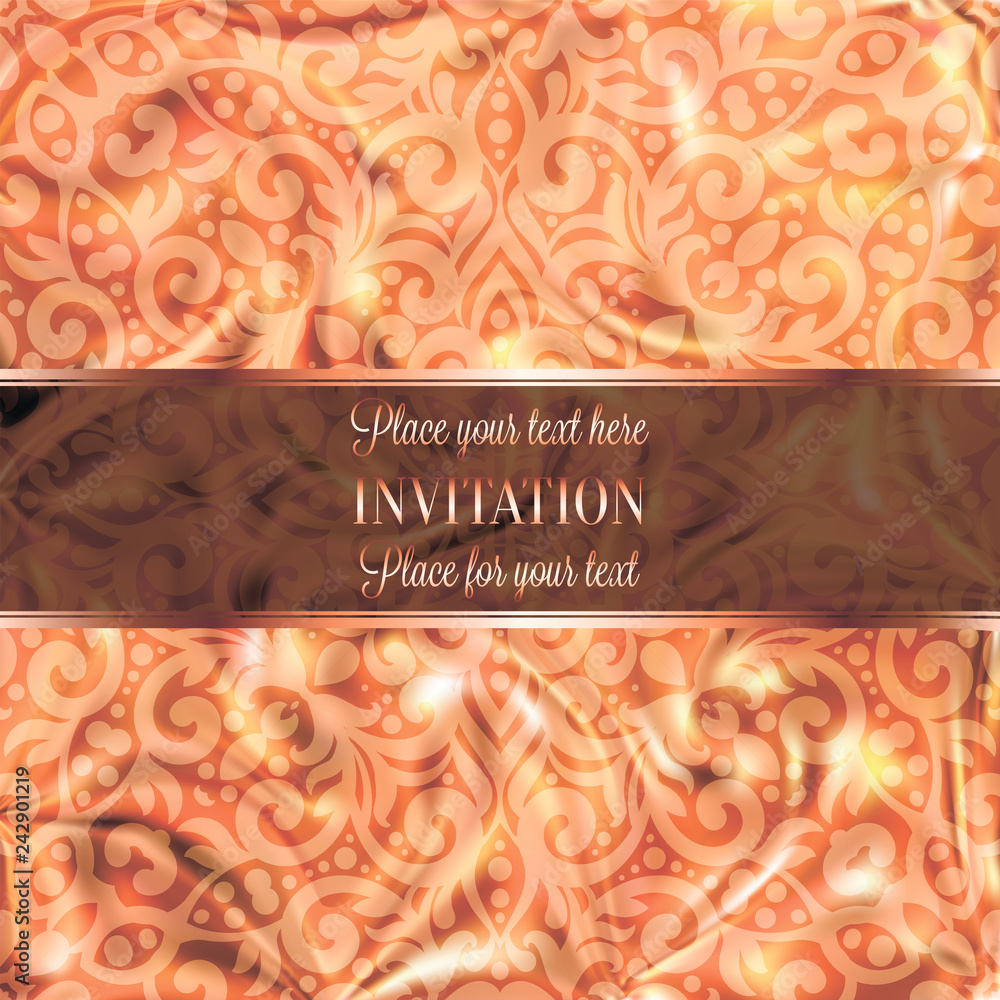 Rose Gold Wedding Invitation card template design with damask pattern ...
