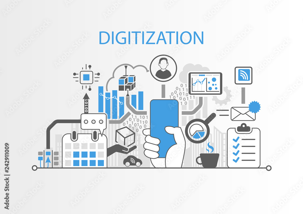 Digitization concept with hand holding modern bezel free smart phone ...