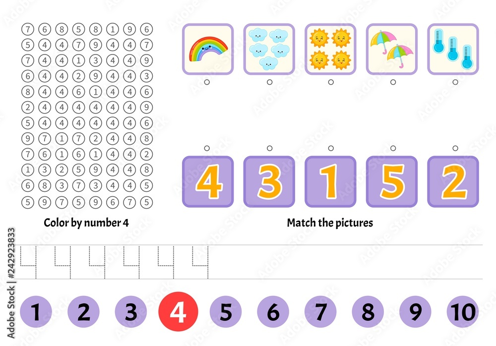 Kids learning material. Worksheet for learning numbers. Number 4 ...