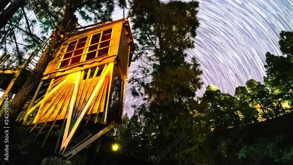 tree house in the middle of nature under a stars sky milky way forest ...