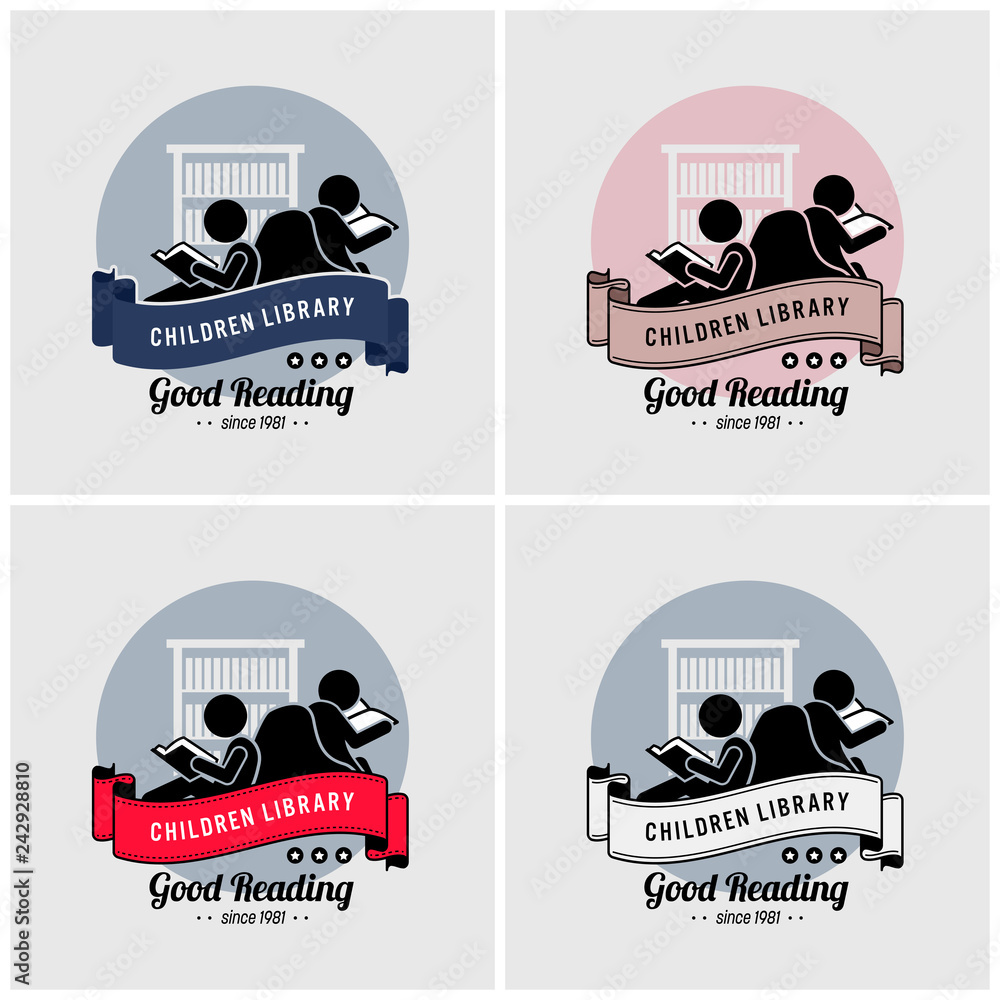 Children library logo design. Vector artwork of boy and girl reading ...