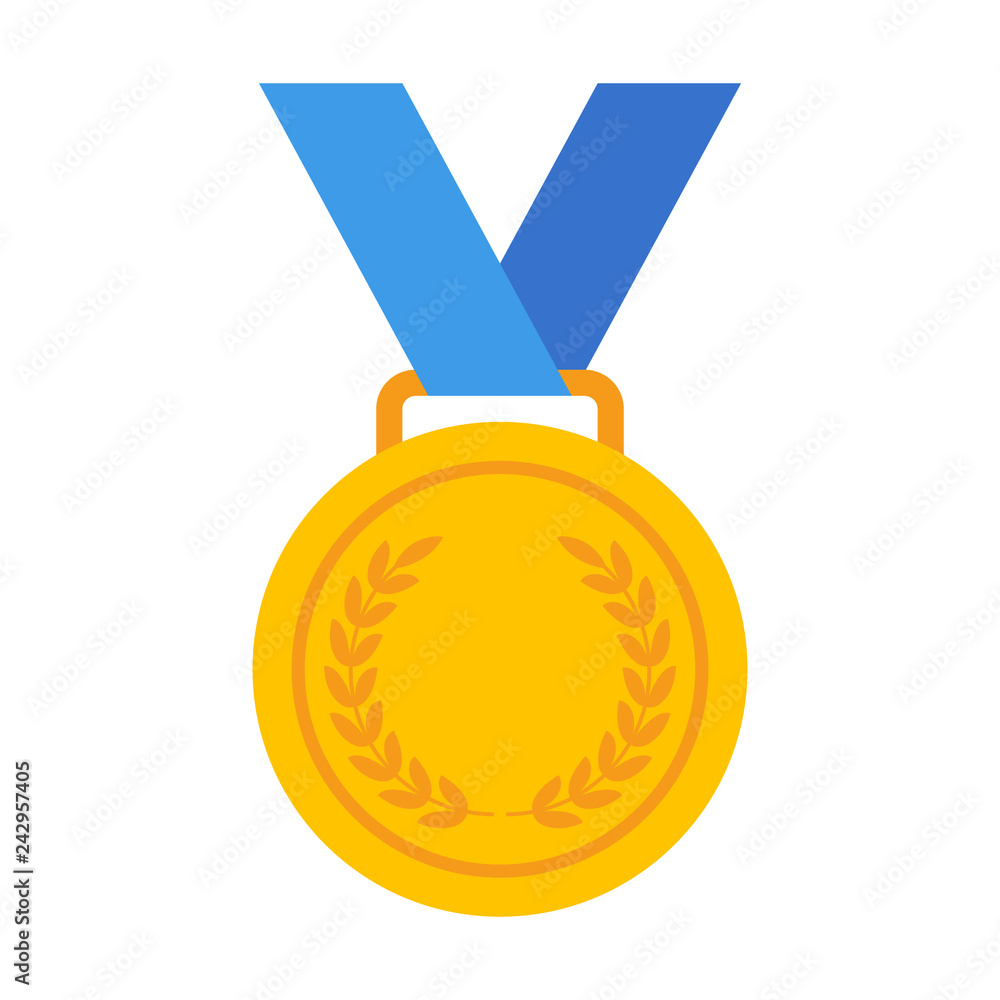 Yellow Gold medal with blue ribbon flat vector icon for sports apps and ...