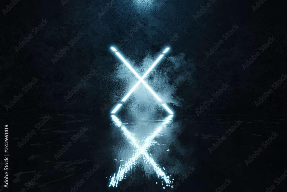 3d rendering of blue lighten X shape with light spot in front of grunge ...