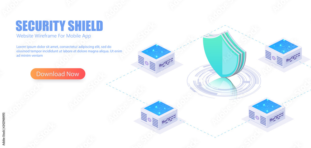 Online server protection system . 3D isometric illustration of security ...