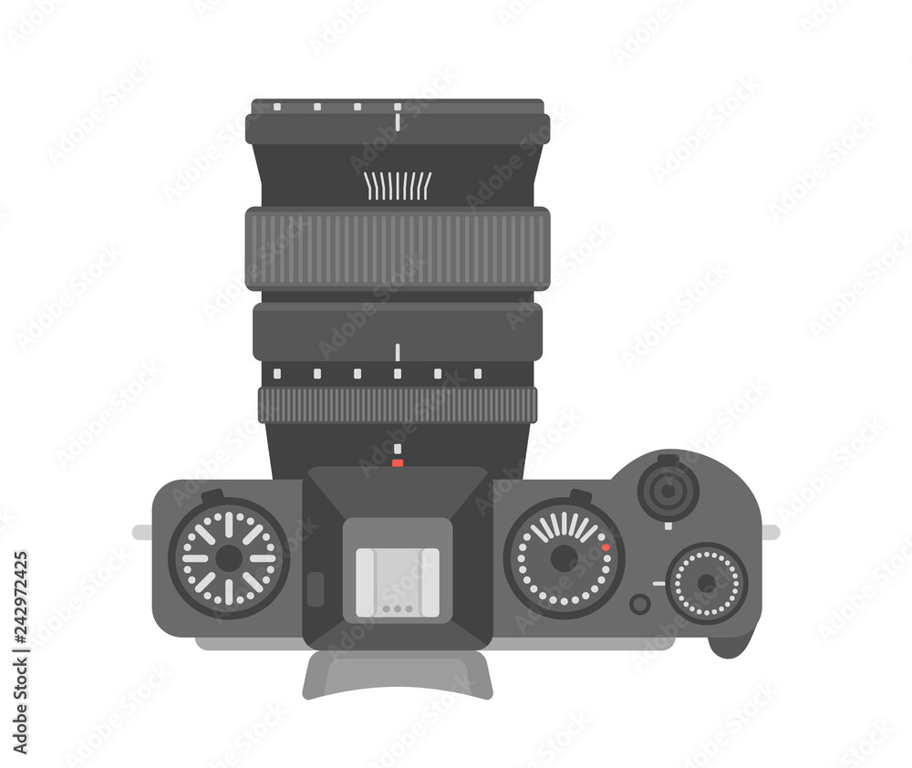 Digital mirrorless camera. Top view with lense. Flat vector ...