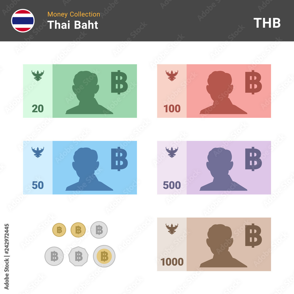 Thai baht banknones and coins. Paper money 20, 50, 100, 500, 1000 THB ...