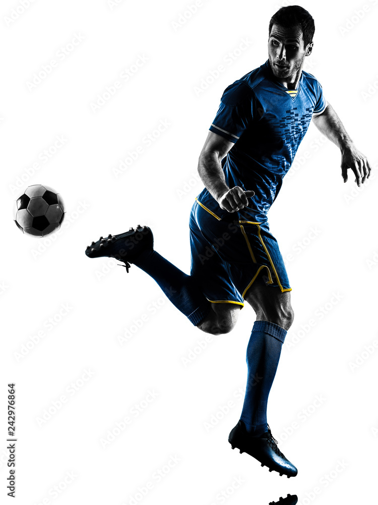 one caucasian soccer player man playing in silhouette isolated on white ...