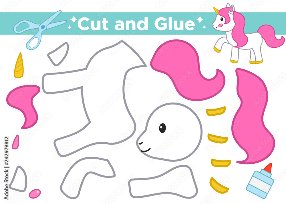 Paper educational game for kids. Cute cartoon fantasy unicorn. Cut and ...