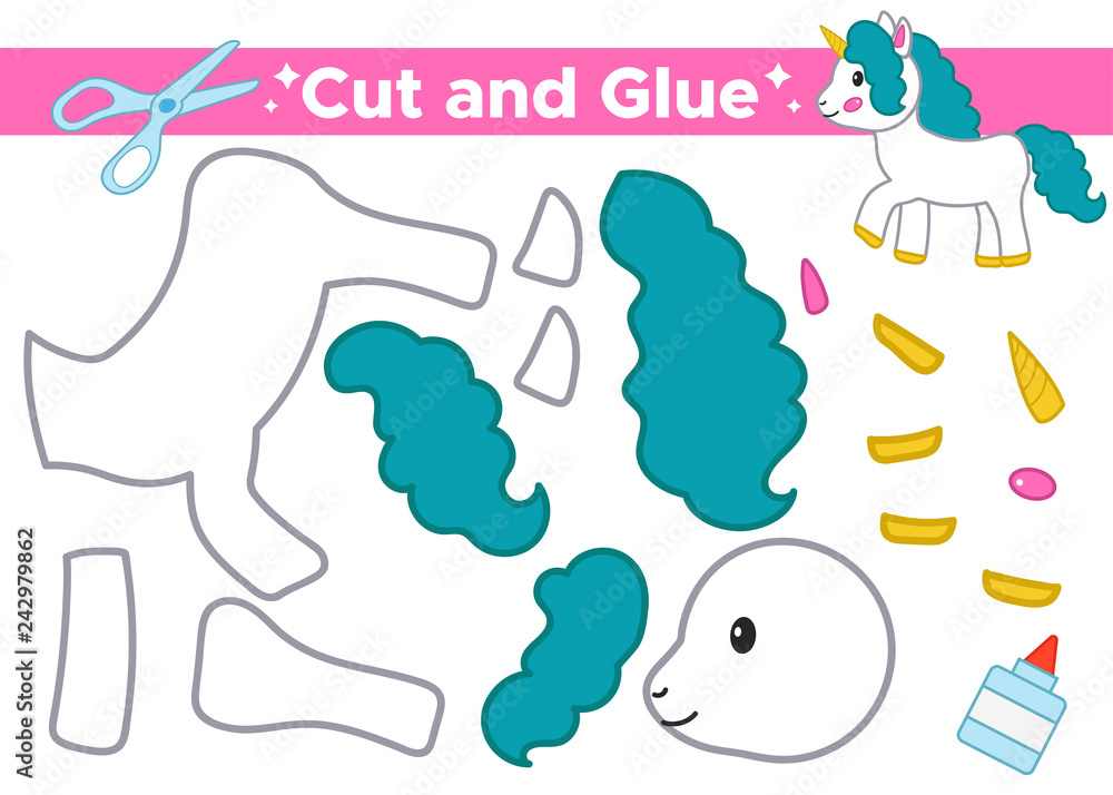 Paper educational game for preschool kids. Cute cartoon unicorn. Cut ...