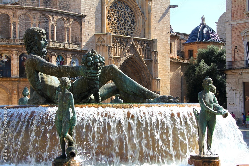 fountain, valencia, neptune, naked women, spain, statue, water ...