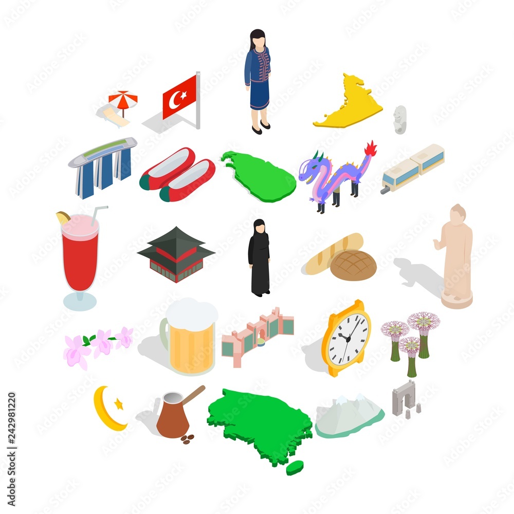 Muslim country icons set. Isometric set of 25 muslim country vector ...