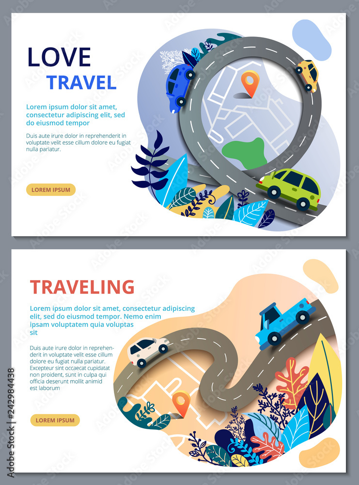 Set of web page design templates for travelling, journey, trip, car ...
