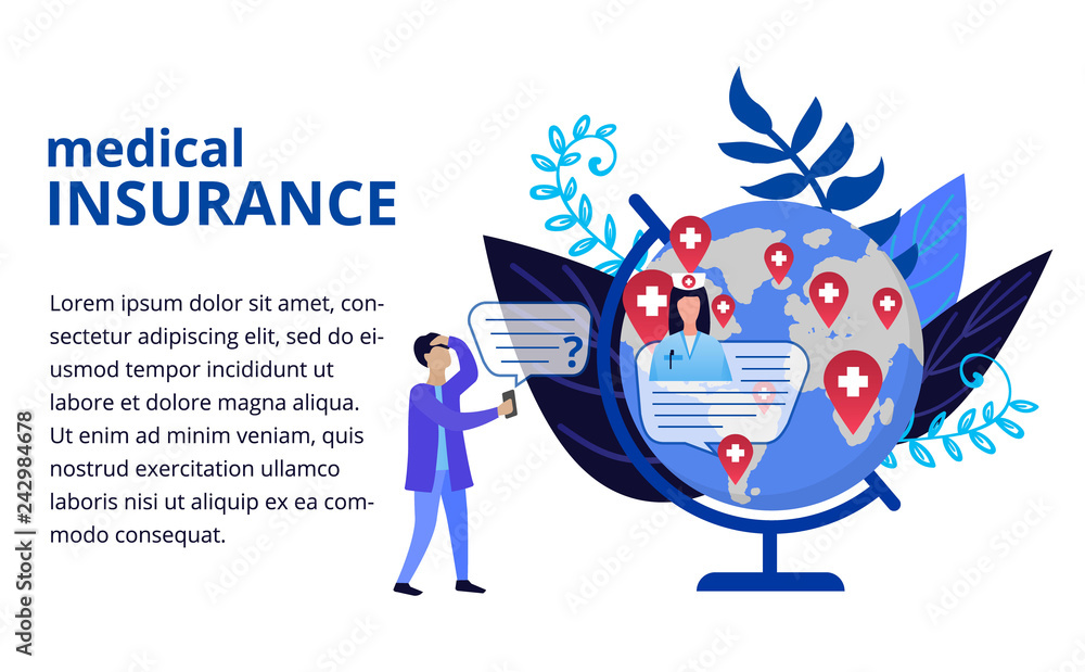 Medical insurance concept in flat style. Globe with doctor tag and man ...