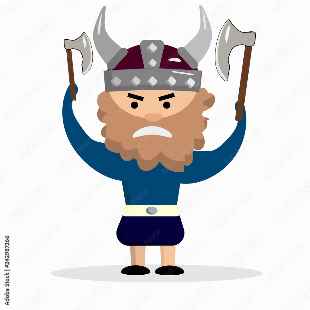 viking on a white background, ax in hand, helmet with horns on head ...