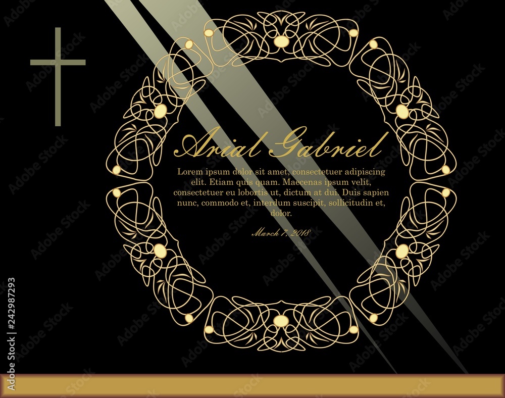 Luxurious obituary with golden circle filigree patterned wreath and ...