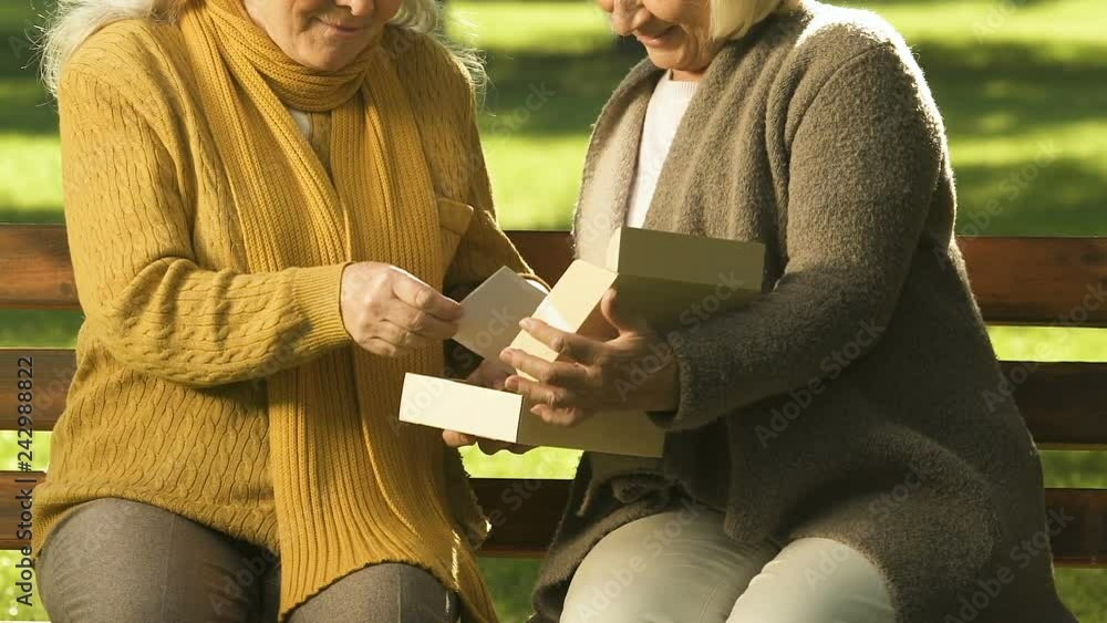 Old ladies looking at photos of grandchildren, sharing memories from ...