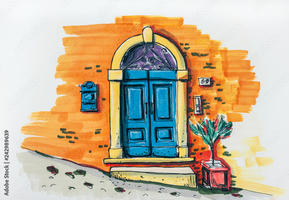 Sketch drawing of bright blue door by markers illustration Stock ...