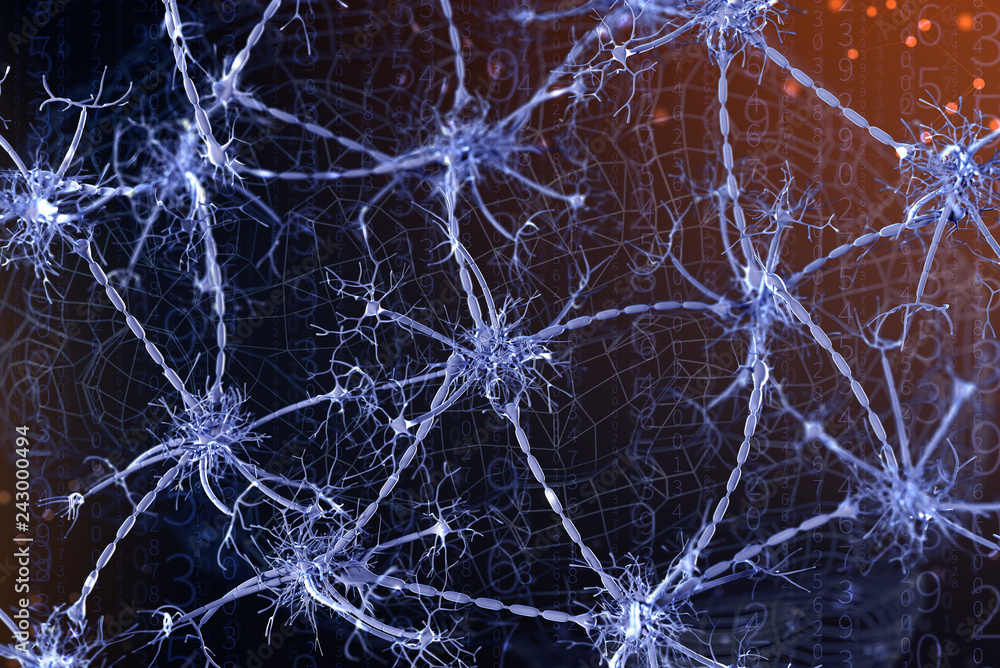 3d illustration of a digital neuron and neural networks. Concept of ...