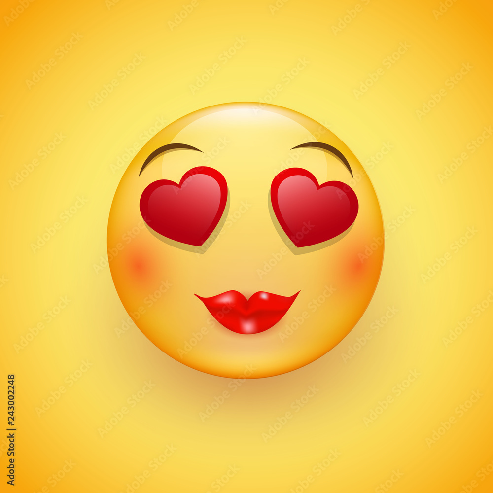 A smiling gentle face with eyes in the form of hearts on a yellow ...