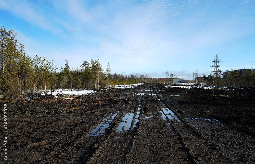 Country road in the mud. Early spring made of dirt road a continuous ...