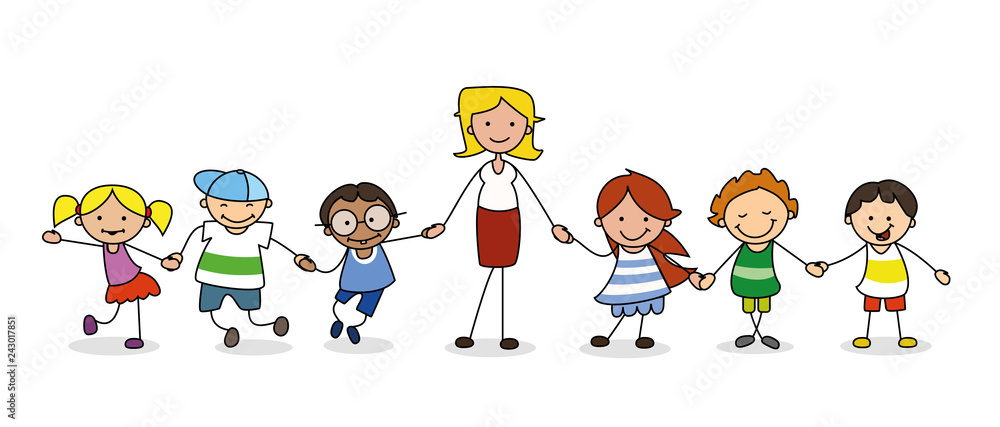 kindergarten group of children with female teacher holding hands vector ...