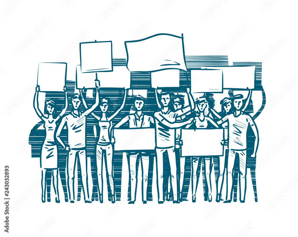 Crowd of people protesters. Manifest, protest concept. Sketch vector ...