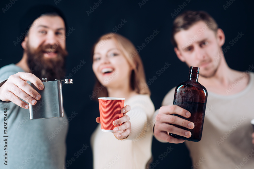 Salute. Pretty woman and men enjoy drinking party. Friends party. Best ...