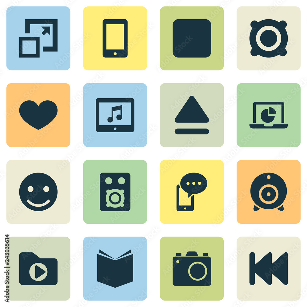 Music icons set with dossier, amplifier, emoji and other top elements ...