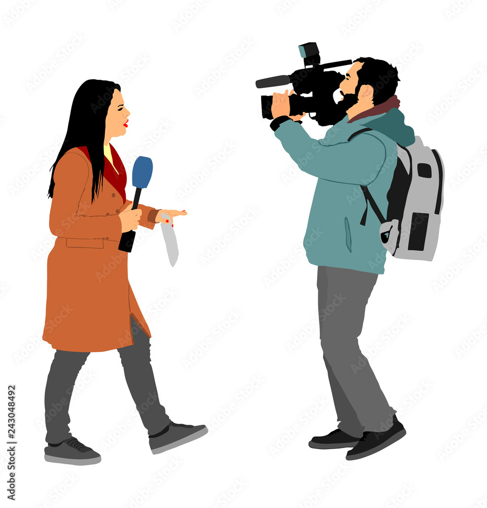 Journalist News Reporter Interview with camera crew vector illustration isolated. TV reporter ...