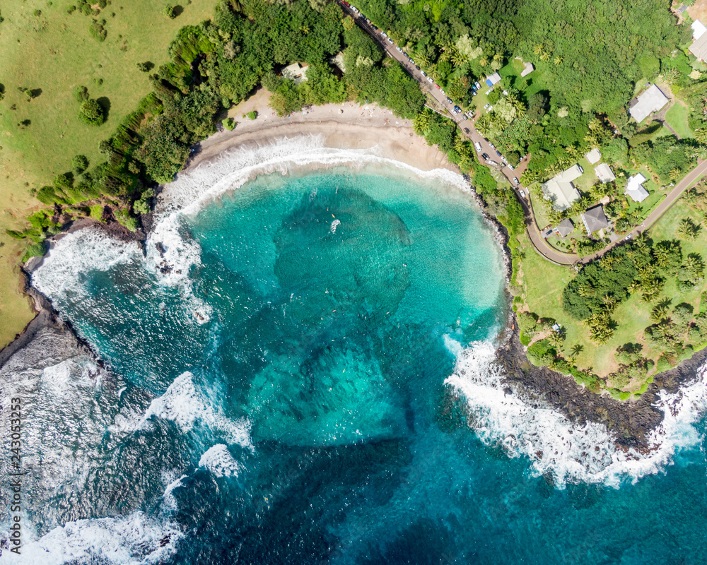 Stunning aerial view of Hamoa Beach, a remote beach located near the ...