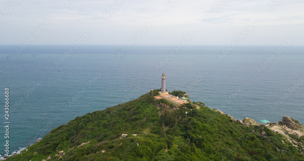 Aerial view of Dai Lanh beach and Mui Dien light house in a sunny day ...