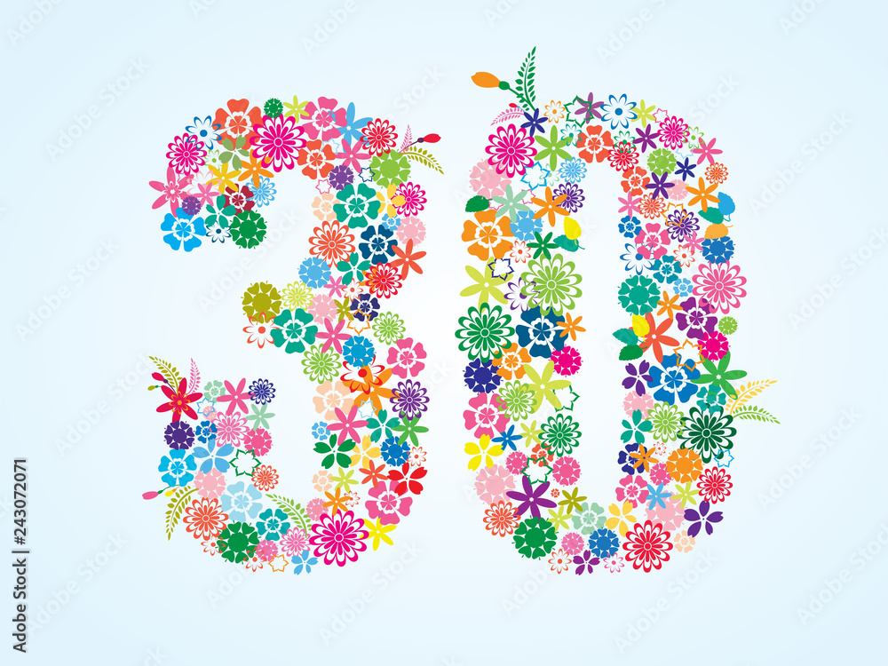 Vector Colorful Floral 30 Number Design isolated on white background ...