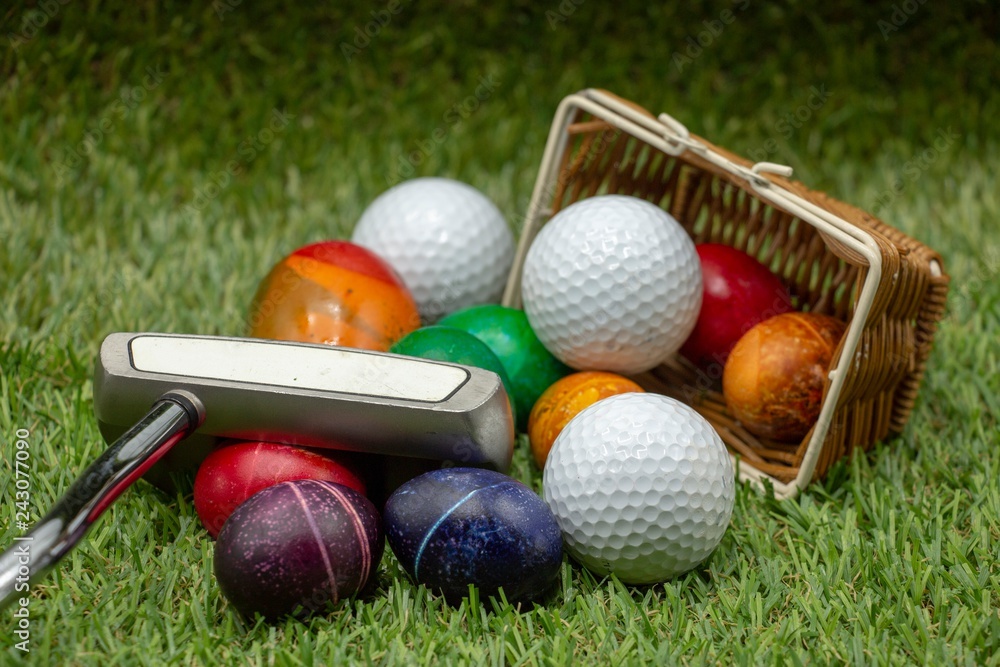 Golf Easter with colourful eggs are on green grass Stock Photo | Adobe ...