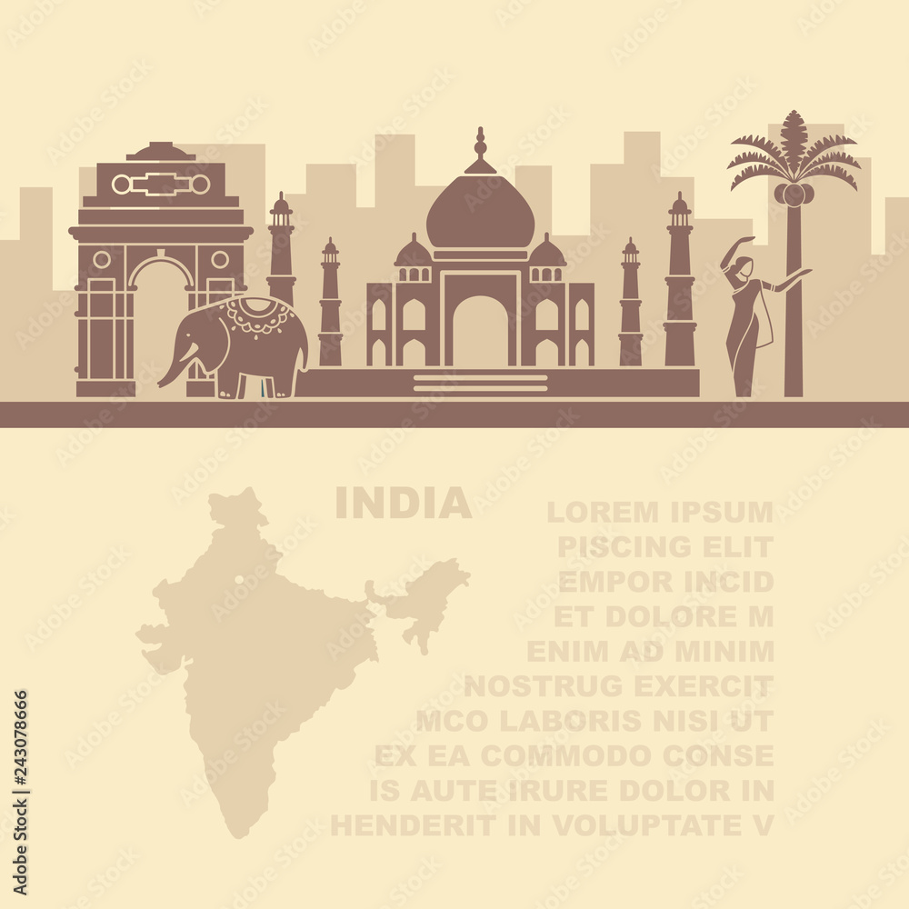 Template leaflets with a map and architectural landmarks of the India ...