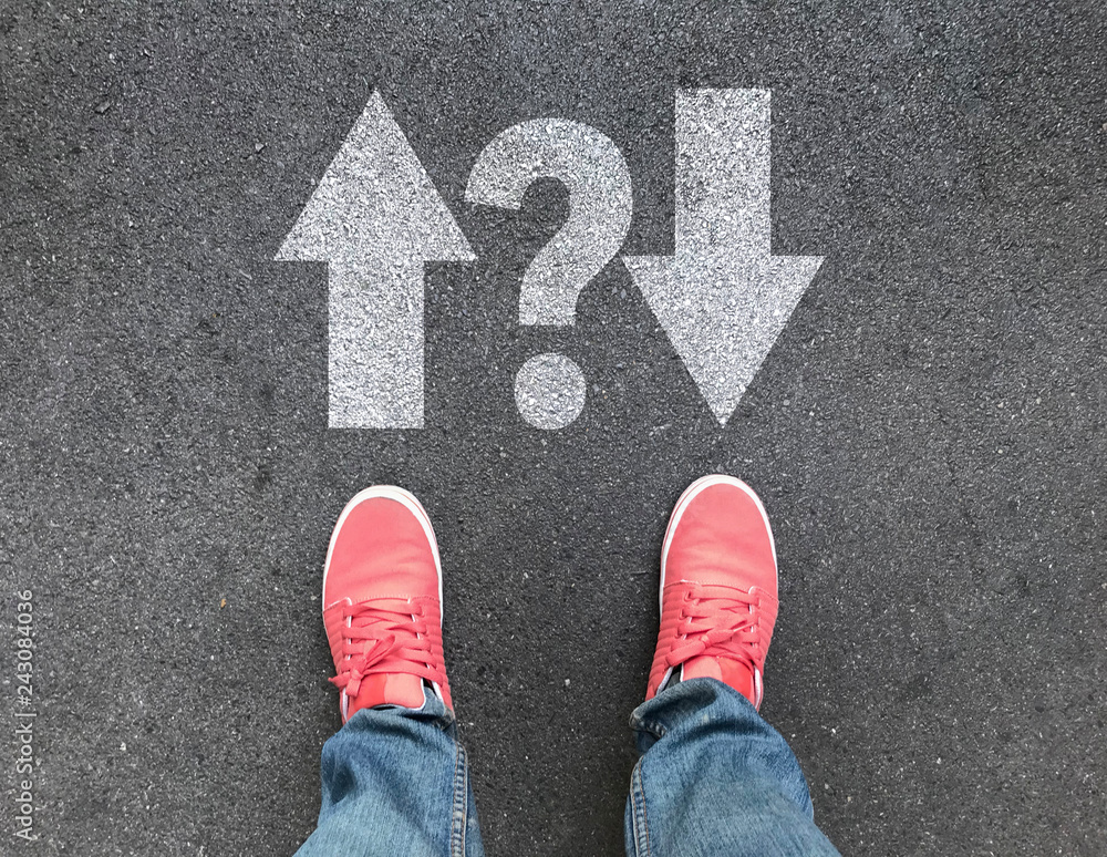 top view of feet and different direction arrows with question mark on ...