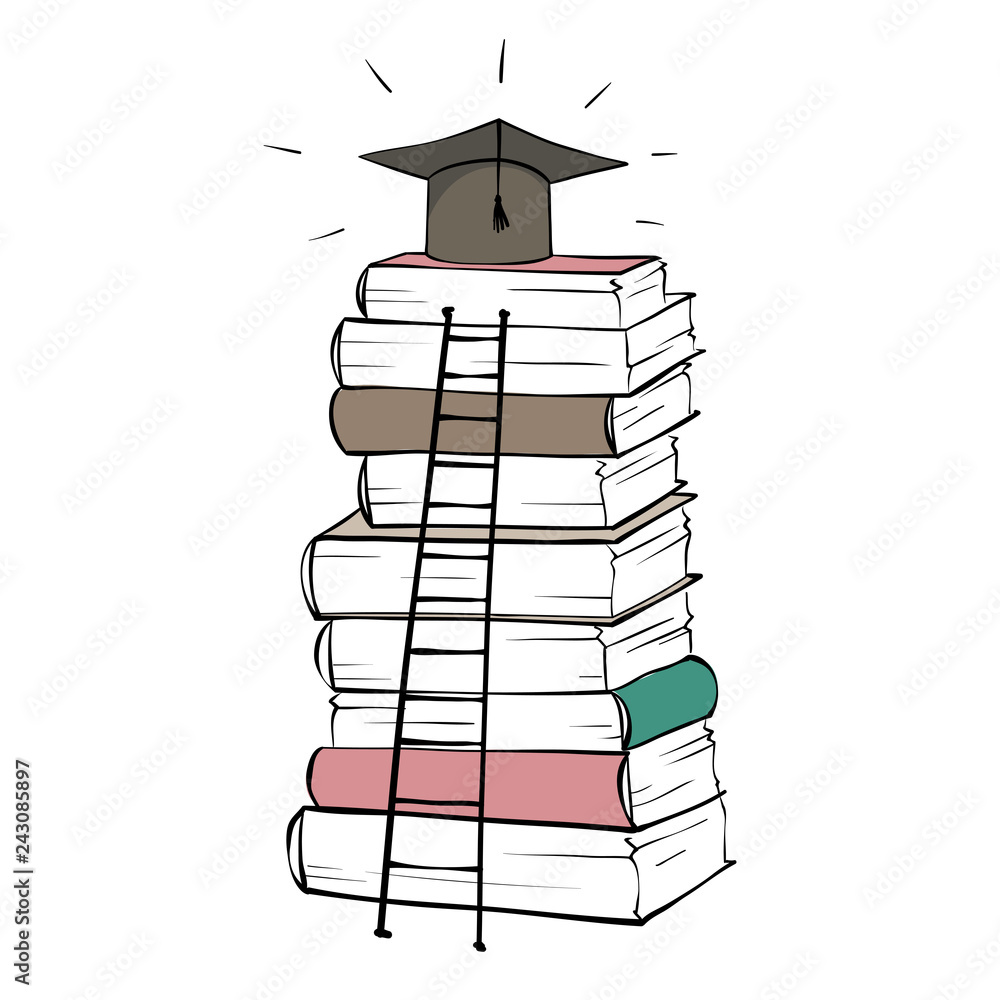 The path to knowledge. A large stack of books with stairs up, the path ...