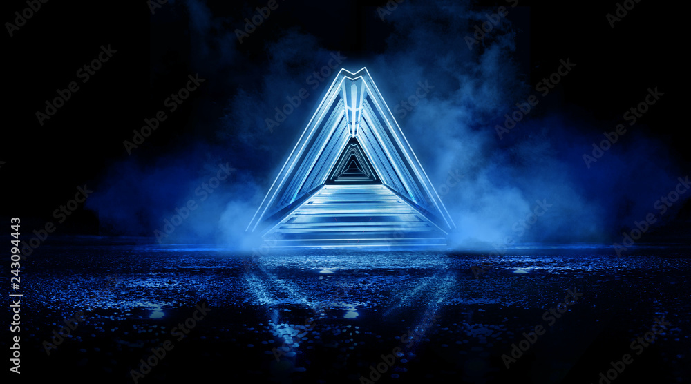 Neon pyramid, light triangle, in empty dark outer space with neon light ...
