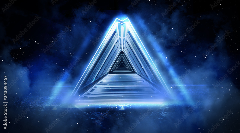 Neon pyramid, light triangle, in empty dark outer space with neon light ...