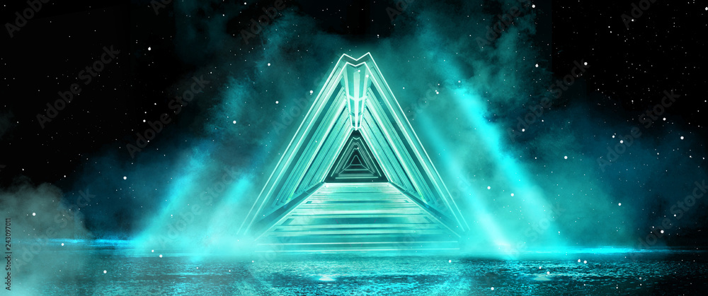 Neon pyramid, light triangle, in empty dark outer space with neon light ...