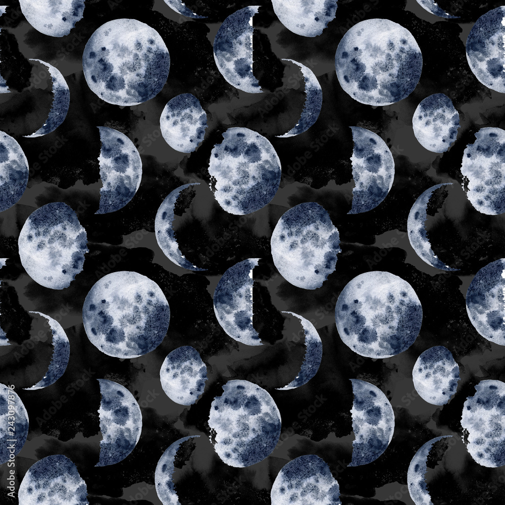 Watercolor pattern with moon phases. Hand painted various phases on ...