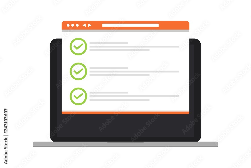 Checklist in browser window with checkmarks, mark on the laptop or ...