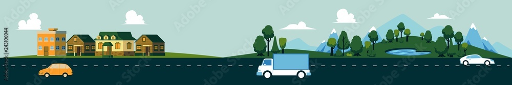 Vector country road landscape with trucks, cars riding on background of ...