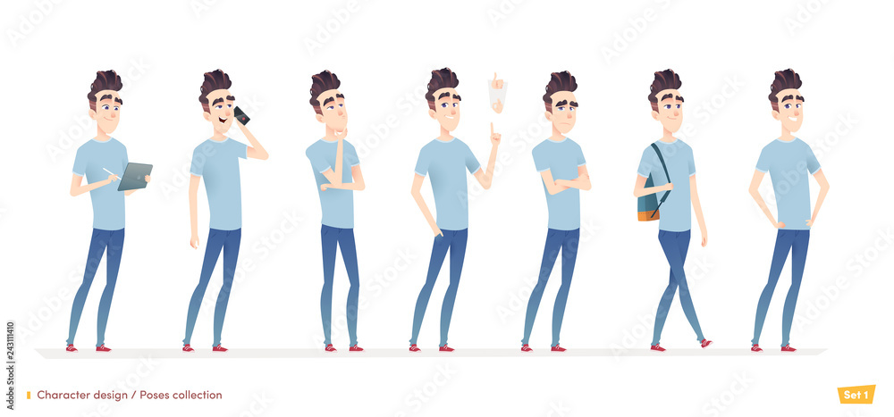 Young man character in different poses and situation. Modern flat ...
